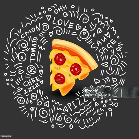 소시지와 피자의 아이콘입니다 벡터 만화 스타일에서 피자 조각의 그림 검은 배경에 고립 된 아이콘입니다 맛 있는 신선한 패스트