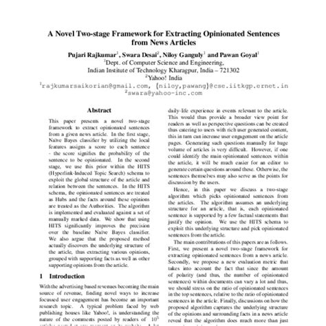 A Novel Two Stage Framework For Extracting Opinionated Sentences From News Articles Acl Anthology