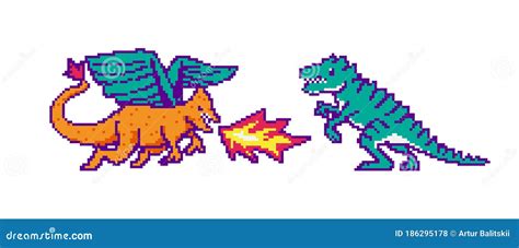 Fire Dragon And Dinosaur Fight Or Battle In The Game Concept Pixel