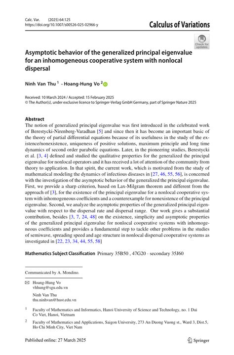 PDF Asymptotic Behavior Of The Generalized Principal Eigenvalue For An Inhomogeneous