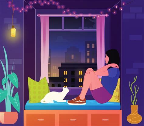 Girl On Window Window Illustration City Cartoon Window Art