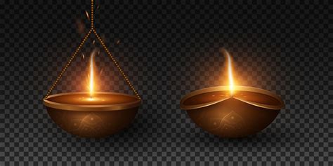 빛의 Diwali 축제를 위해 투명한 배경에 고립 된 패턴이있는 전통적인 Diya 램프 불 먼지로 불타는 불꽃 3d 벡터 일러스트 레이 션 3차원 형태에 대한 스톡 벡터