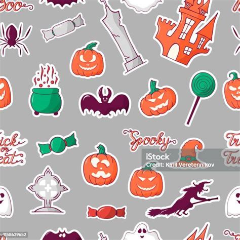 귀여운 호박 박쥐 사탕 유령 유령과 거미와 할로윈 패턴 파티 축하 할로윈 배경입니다 0명에 대한 스톡 벡터 아트 및 기타 이미지