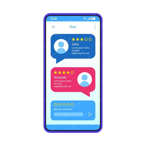 소비자 피드백 인터페이스 벡터 템플릿입니다 모바일 앱 인터페이스 블루 디자인 레이아웃입니다 서비스 또는 애플리케이션 사용자 평가 플랫 Ui 채팅 상자 및 사람 평가가
