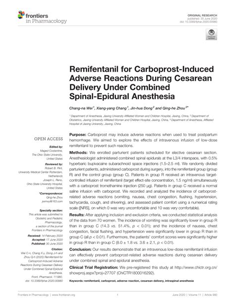 Pdf Remifentanil For Carboprost Induced Adverse Reactions During Cesarean Delivery Under