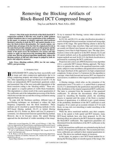 PDF Removing The Blocking Artifacts Of Block Based DCT Compressed Images