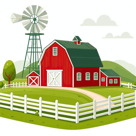 картинка фермы с фермой и фермером на заднем плане Премиум векторы