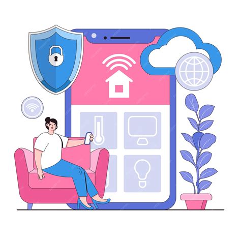 문자가 포함된 Iot 보안 벡터 일러스트레이션 개념 보안 스마트 장치 연결 가정 안전 인터넷 사물 보호 랜딩 페이지 웹 배너