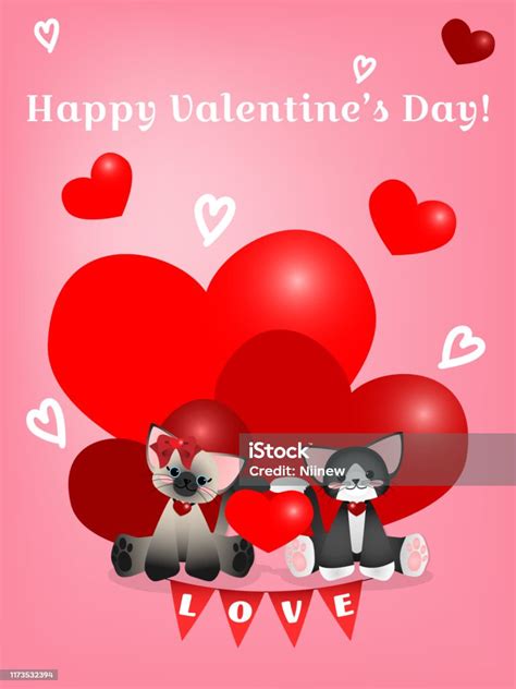 분홍색 배경에 빨간 마음과 해피 발렌타인 데이텍스트와 두 귀여운 고양이의 벡터 그림 고양이 새끼에 대한 스톡 벡터 아트 및 기타 이미지 고양이 새끼 귀여운 남자 친구