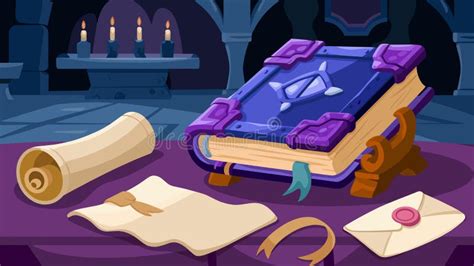 Old Magic Book With Fantasy Hardcover And Parchment Scroll For Game Ui Design Cartoon Vector