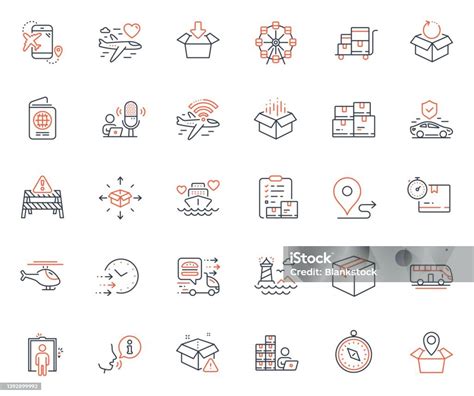 교통 아이콘 세트 소포 배달 재고 체크리스트 및 여권 웹 요소로 포함된 아이콘입니다 벡터 0명에 대한 스톡 벡터 아트 및 기타
