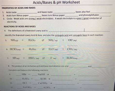Solved Acids Bases Ph Worksheet Properties Of Acids And Bases Answer Transtutors