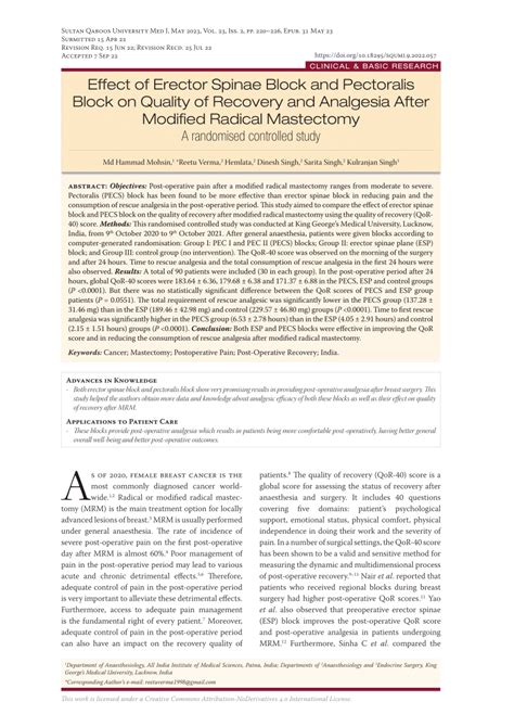 Pdf Effect Of Erector Spinae Block And Pectoralis Block On Quality Of Recovery And Analgesia