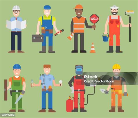 건설 노동자 정비공 사람들이 입고 노란 헬멧 및 전반적인 작업복 악기 사람 직업적인 노동자 남자와 노동자 남자 캐릭터의 다양 한 도구 세트와 함께 작업 전기공에 대한 스톡