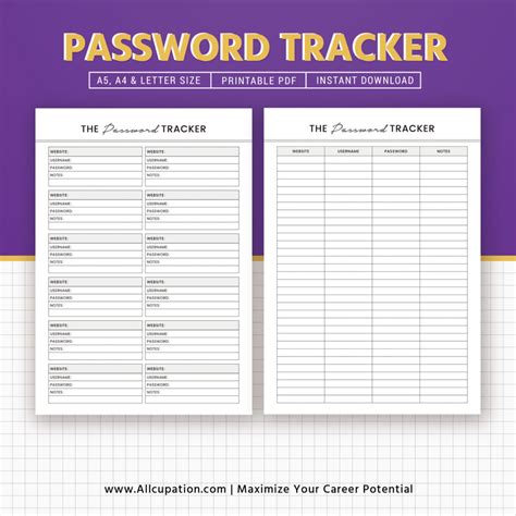 Password Tracker Printable Password Keeper Password Log A5 Inserts