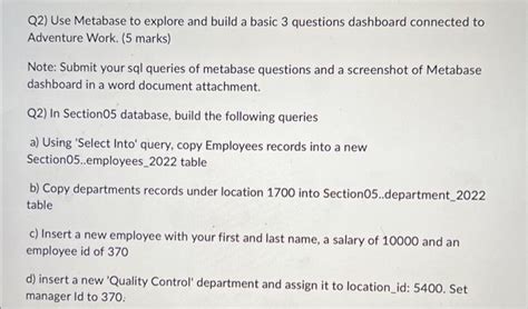 Solved Q2 Use Metabase To Explore And Build A Basic 3