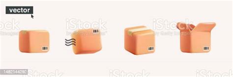 현실적인 3d 골판지 상자 세트입니다 열고 닫은 사각형 모양의 주황색 종이 패키지 3차원 형태에 대한 스톡 벡터 아트 및 기타