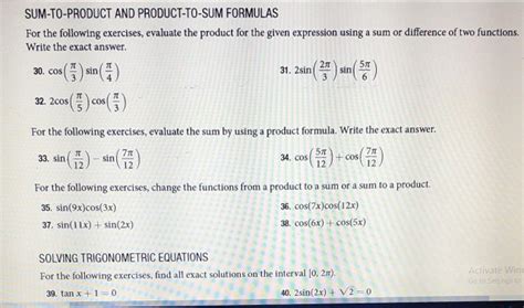 Solved SUM TO PRODUCT AND PRODUCT TO SUM FORMULAS For The Chegg