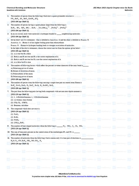 Chemical Bonding And Molecular Structure Jee Main 2023 April Chapterwise Pyq Mathongo Pdf