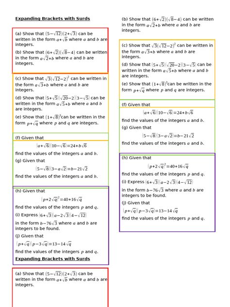 Expanding Brackets With Surds Practice Strips Pdf Mathematics