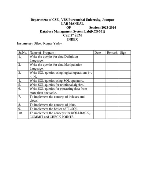 Dbms Lab Cse 5th Sem 2023 2024 Pdf