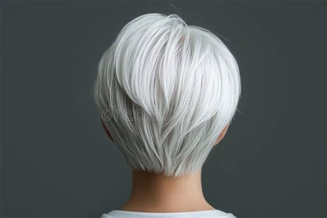 Young Woman Platinum Blonde With Short Pixie Hairstyle On Gray