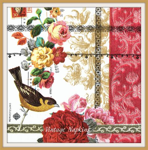 Two Paper Napkins For Decoupage Vintage Bird With Red Roses
