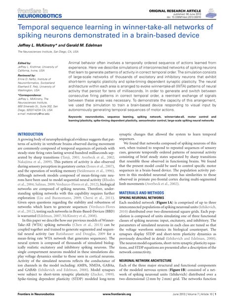 PDF Temporal Sequence Learning In Winner Take All Networks Of Spiking Neurons Demonstrated In