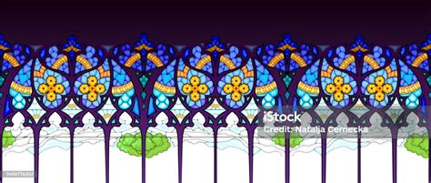 스테인드 글라스 장식입니다 이음새가 없는 패턴 장식 고딕 양식의 창문 스타일 직물 벽지 배경 배너 디자인을 인쇄합니다 벡터 그림입니다 0명에 대한 스톡 벡터 아트 및 기타