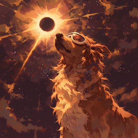Canine In Safety Goggles Observing Total Solar Eclipse Stock