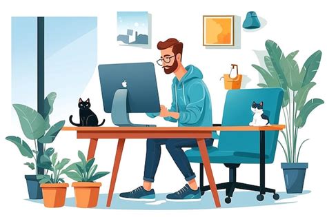 Premium Photo Work From Home Man Working At Computer Vector Illustration