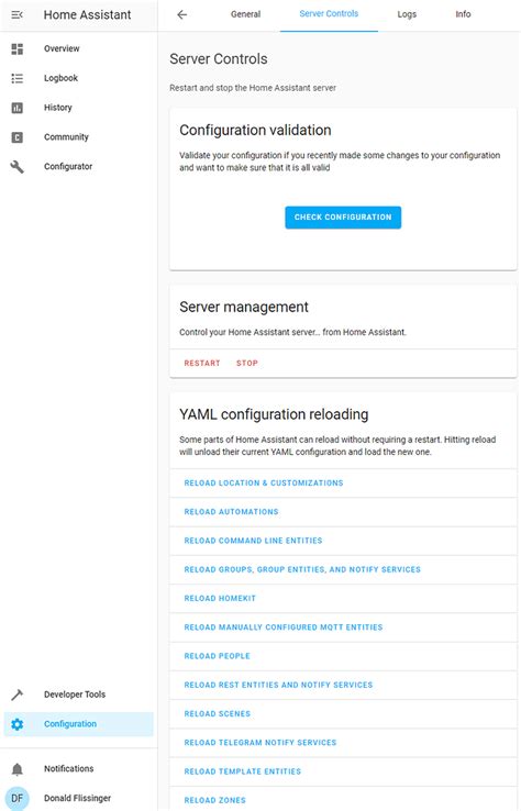 missing server controls options in homeassistant frontend home