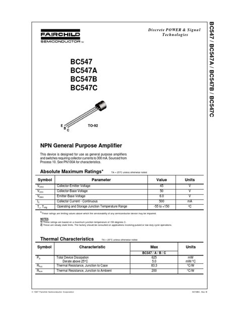 Bc547 Bc547a Bc547b Bc547c Npn General Purpose Amplifier Pdf Bipolar Junction Transistor