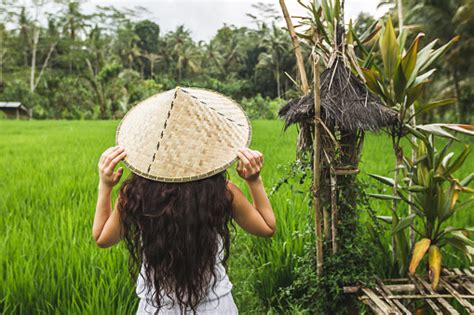 갈색 머리 유럽 여자에에서 전통적인 발리 밀 짚 모자와 함께 쌀 필드에 산책 갈색 머리에 대한 스톡 사진 및 기타 이미지