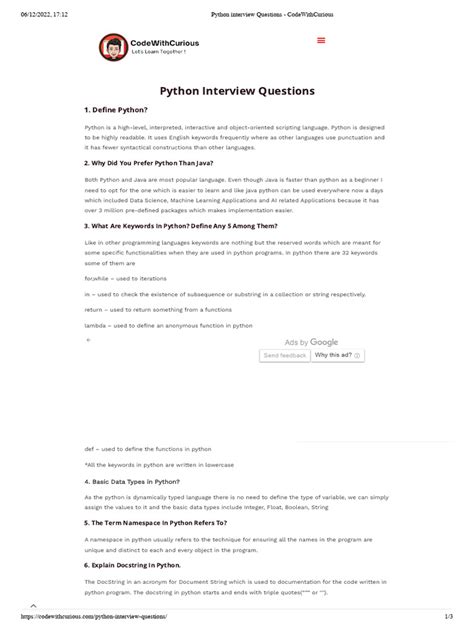 Python Interview Questions Codewithcurious Pdf Python