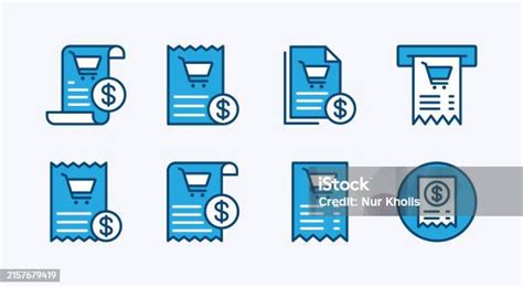 영수증 송장 및 쇼핑 청구서 아이콘 세트입니다 지불 확인 거래 구매 재무 기록 회계 판매 지불 구매 구매 주문을 포함합니다 벡터 일러스트 레이 션 Po에 대한 스톡 벡터