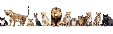 A Large Group Of Various Wild Cats Lined Up In A Row Stock Image