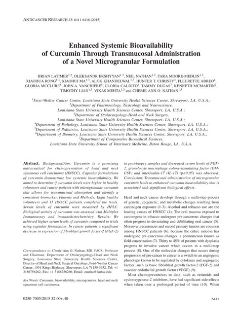 Pdf Enhanced Systemic Bioavailability Of Curcumin Through