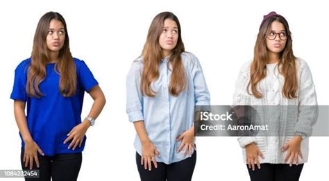 격리 된 배경 만드는 물고기 얼굴 입술 고 우 스 꽝 스러운 제스처와 함께 아름 다운 젊은 여자 콜라주 재미 있는 식입니다 갈색