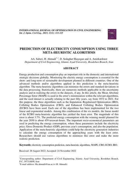 Pdf Prediction Of Electricity Consumption Using Three Meta Heuristic Algorithms