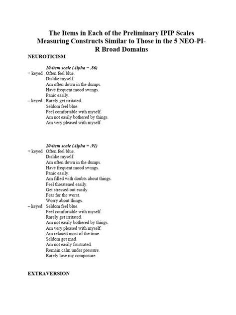 Ipip Neo Scoring Domains Pdf Psychological Concepts Psychology