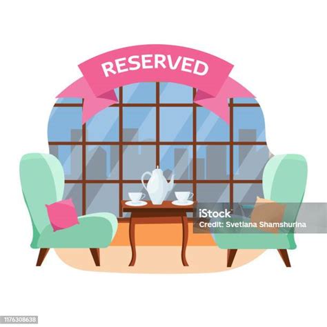 도시가 내려다 보이는 파노라마 창 근처 두 사람을위한 카페에서 사랑스러운 테이블 세라믹 주전자와 컵 시티 카페의 작은 테이블이 예약되어 있습니다 플랫 만화 벡터