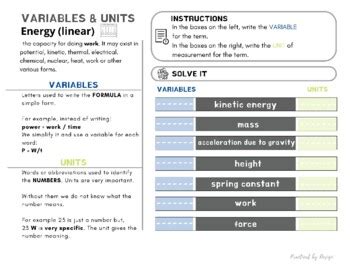 Physics Variables Units Handout For Energy Work Power TPT