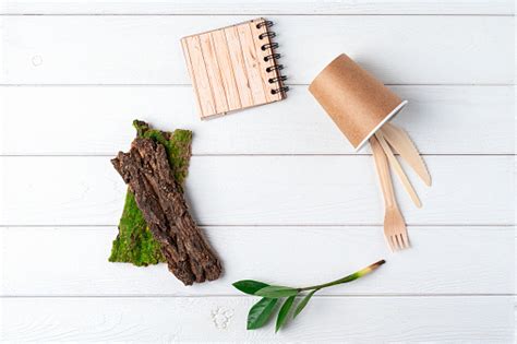 플랫 레이 제로 폐기물 친환경 천연 유기 플라스틱 무료 개념 공예 노트북 커피 컵 녹색 잎 새싹 나무 껍질 과 재활용 칼 톱 보기 복사 공간으로 생분해성 지구 0에 대한