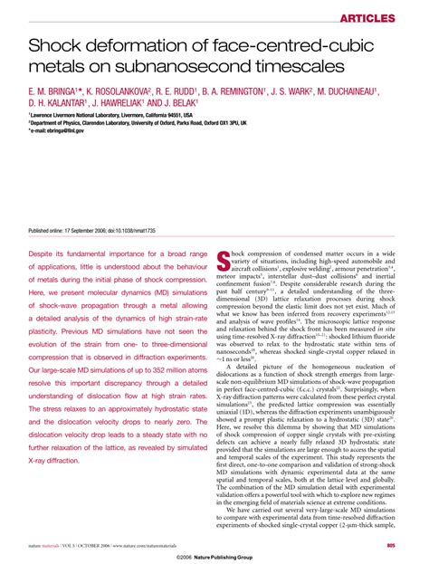 Pdf Shock Deformation Of Face Centred Cubic Metals On Subnanosecond
