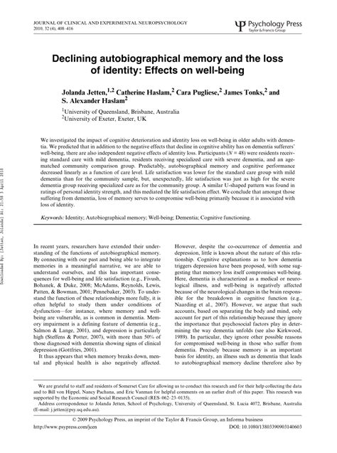 Pdf Declining Autobiographical Memory And The Loss Of Identity