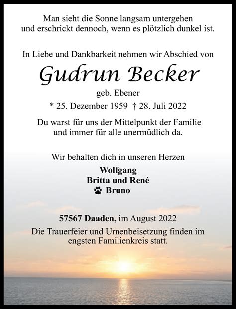 Traueranzeigen Von Gudrun Becker Rz Trauerde