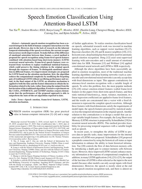 Pdf Speech Emotion Classification Using Attention Based Lstm