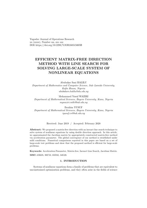 Pdf Efficient Matrix Free Direction Method With Line Search For Solving Large Scale System Of