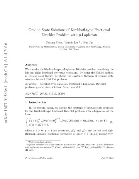 Pdf Ground State Solutions Of Kirchhoff Type Fractional Dirichlet Problem With P Laplacian